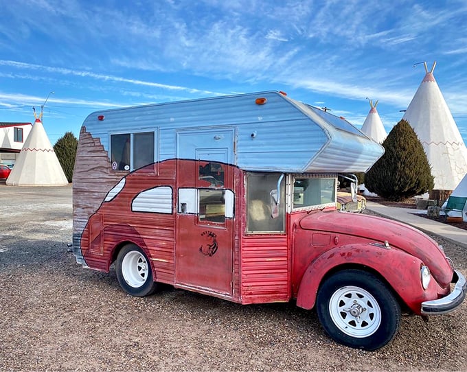 Part Beetle, part camper, all character&mdash;this red VW conversion looks ready for its starring role in a Wes Anderson road trip film.