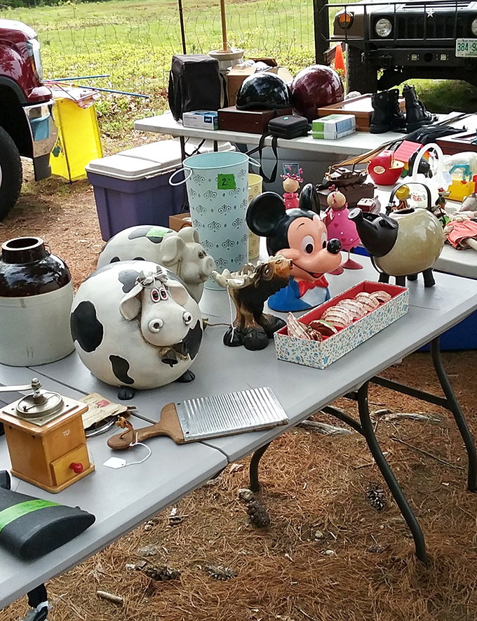 Mickey Mouse shares space with ceramic cows—proof that childhood nostalgia knows no particular organizational system here.