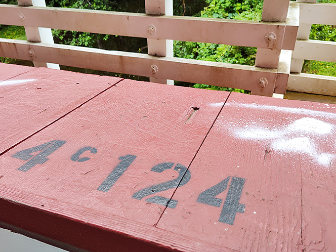 Numbers painted on weathered planks tell silent stories of repairs and renovations&mdash;each digit a chapter in this bridge's continuing biography.