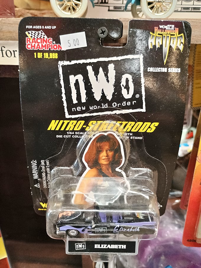 Wrestling memorabilia that outlasted the careers it celebrated. This NWO collectible car is waiting for someone who remembers when Hulkamania was running wild.