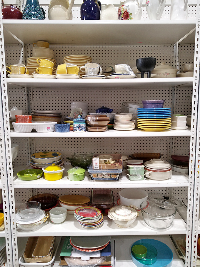 Grandma's kitchen meets modern treasure trove. These shelves hold the perfect vintage Pyrex for your next potluck triumph.
