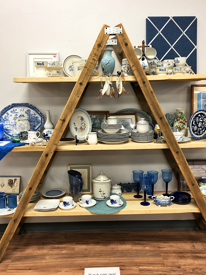 This triangular display of blue and white porcelain isn't just shelving &ndash; it's a museum-worthy collection waiting for your dining room to become its next gallery.