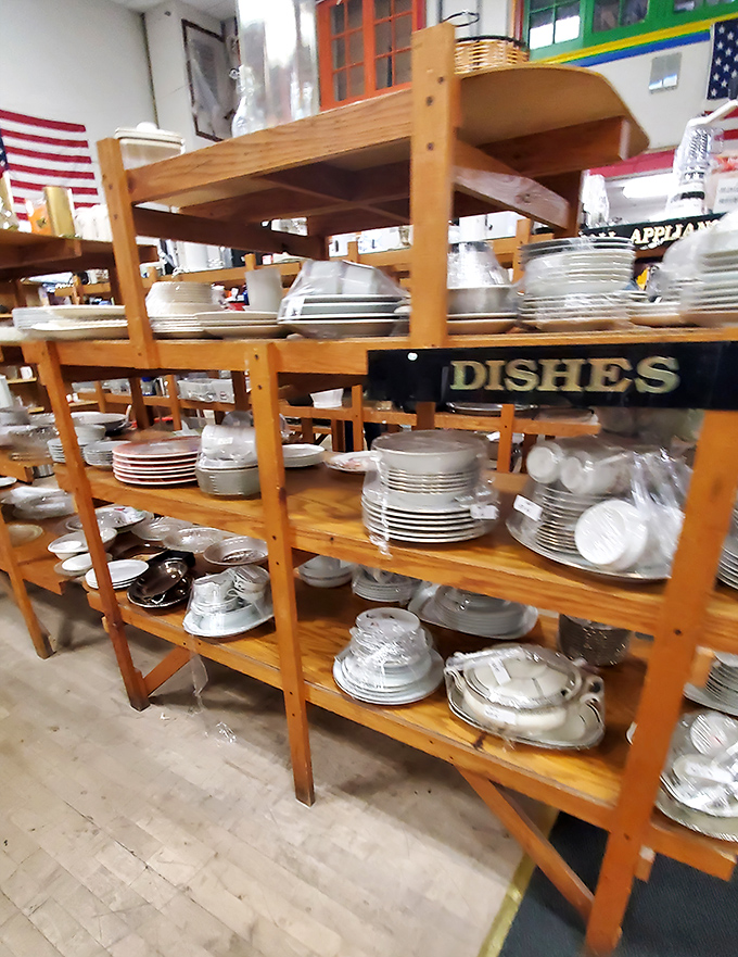 Dish-covery zone! Grandma's china patterns and yesterday's serving platters wait patiently for their second chance to host Sunday dinners and holiday feasts.