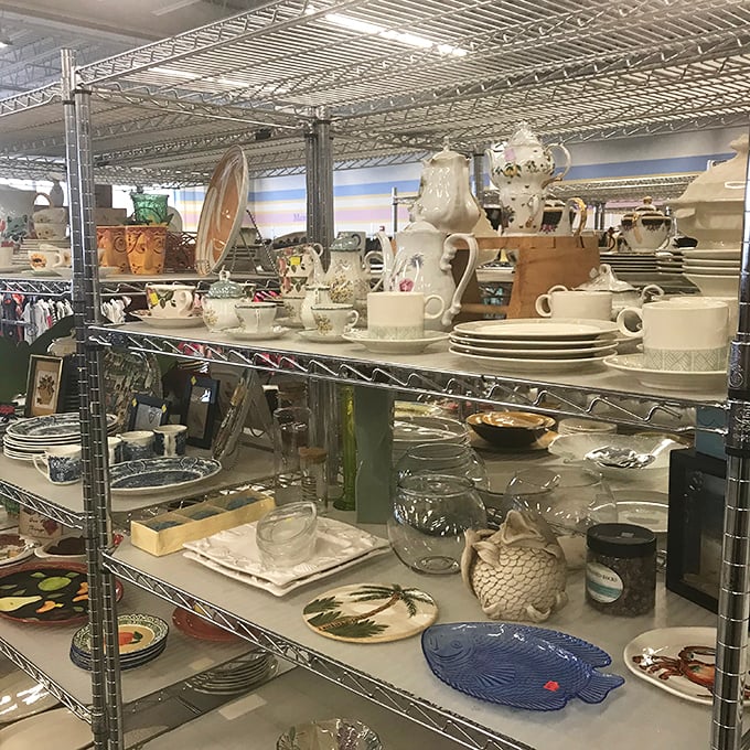 One person's discarded china is another's dining room revival. These shelves hold stories of countless family dinners past and future.