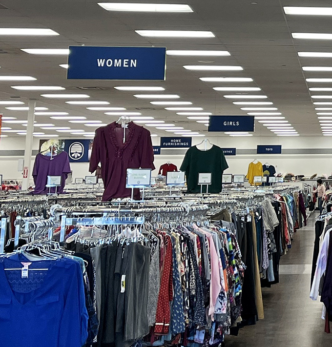 Organized chaos at its finest&mdash;the women's clothing section stretches out like a fabric sea, with colorful islands of displayed items guiding your journey.