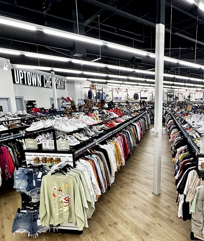 Rows upon rows of meticulously organized clothing create a secondhand paradise where bargain hunters can easily navigate their quest.