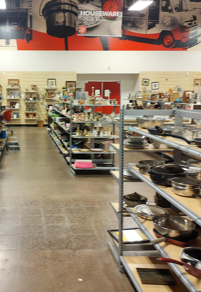 Rows upon rows of cookware await new kitchens&mdash;those cast iron skillets have stories to tell and meals yet to make.