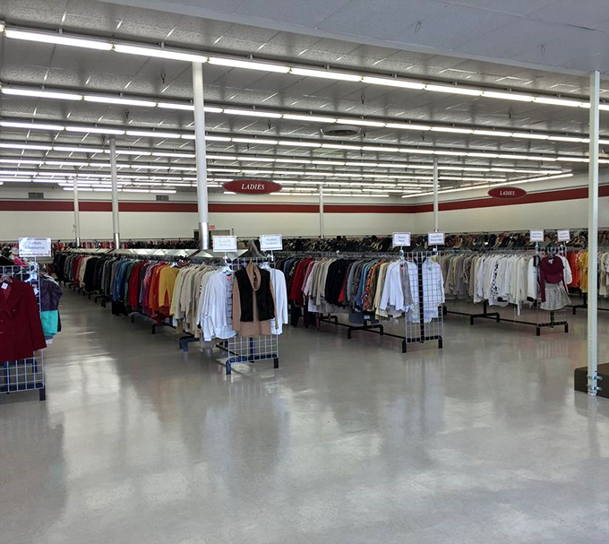 The ladies' section is organized with military precision. No chaotic rummaging here&mdash;just neat rows of potential fashion finds waiting for their second chance at stylish life.