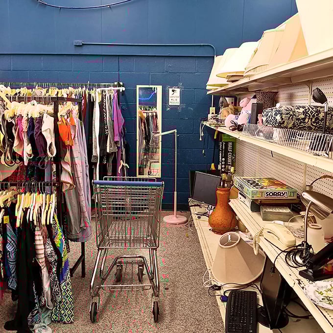 The thrill of the hunt begins here &ndash; racks of potential treasures await while a shopping cart stands ready for your next great discovery.