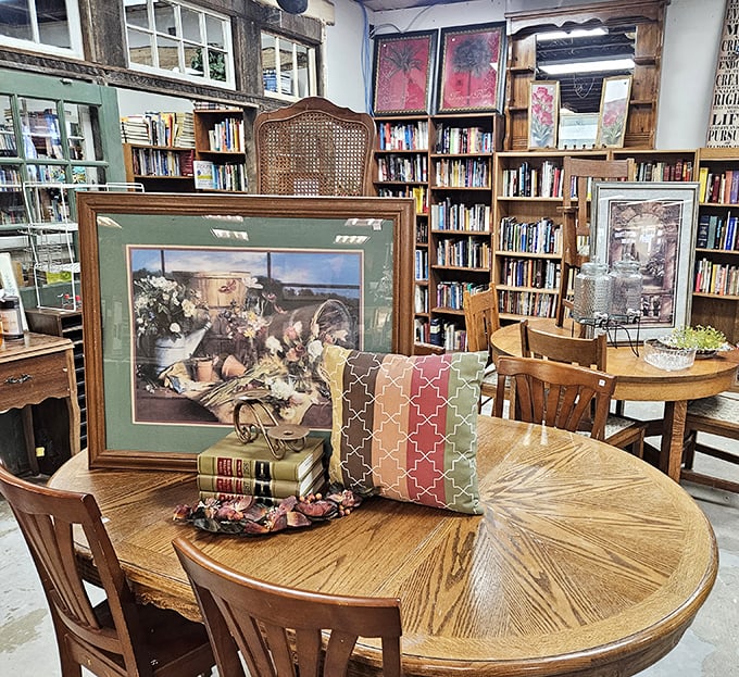 A literary lover's dream corner where vintage books meet character-filled furniture, creating the perfect spot for your next reading nook.