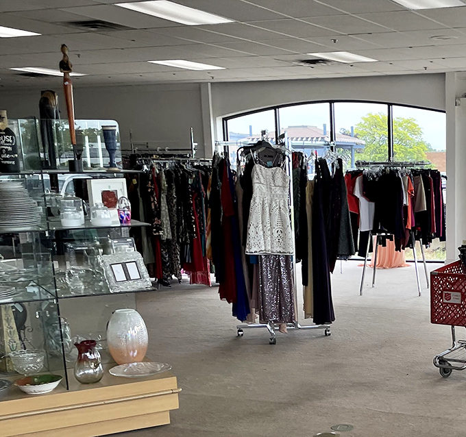 Evening gowns waiting for their next grand entrance, proving one person's special occasion lives on forever.
