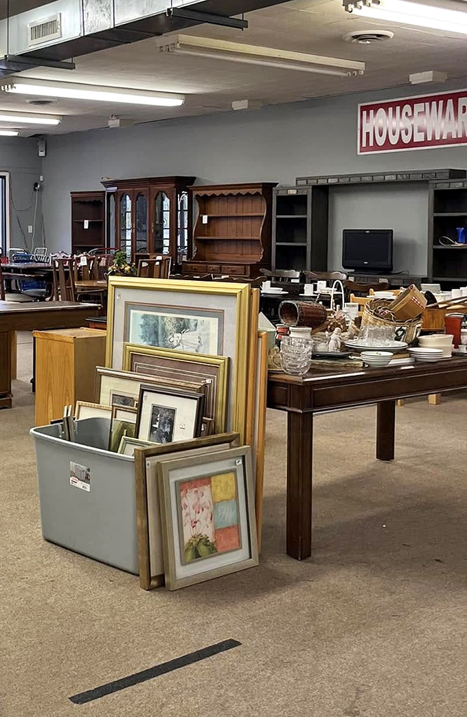 The housewares section showcases elegant china cabinets and dining tables that whisper stories of family gatherings from decades past.