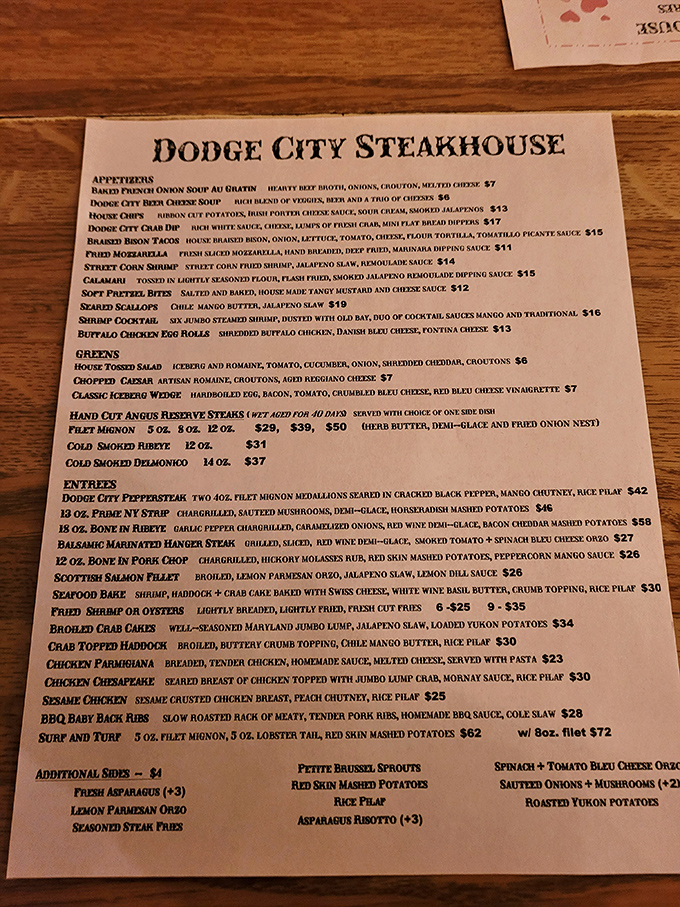 The menu reads like a carnivore's dream journal&mdash;a leather-bound promise of prime cuts, seafood treasures, and comfort food classics.