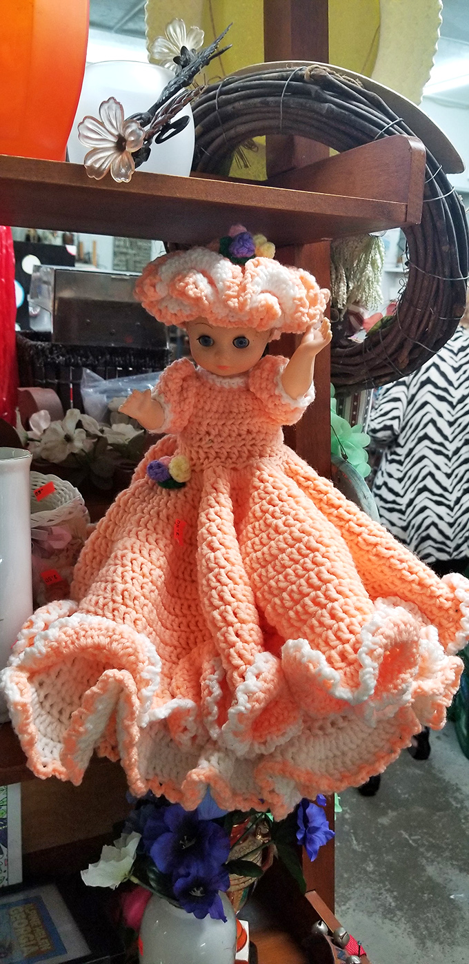 This peachy-keen crocheted doll dress showcases the handmade treasures you'll find. Someone's grandmother channeled serious talent into this miniature masterpiece that puts modern fast fashion to shame.