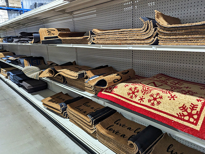 Doormat heaven or rug nirvana? Either way, this aisle offers more welcome options than a neighborhood of grandmothers. The "Live, Laugh, Love" versions are inevitable.