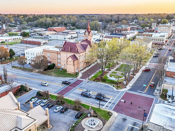 This aerial view reveals a town that somehow figured out the perfect ratio of trees to buildings.