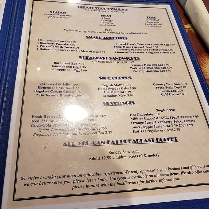 This breakfast menu reads like a love letter to morning comfort food. Buttermilk pancakes and country ham? Yes, please!