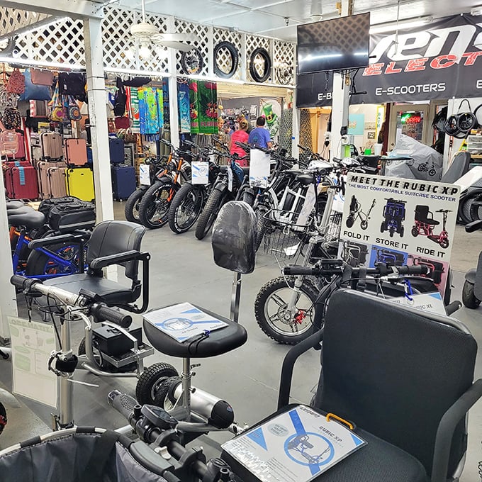 Modern mobility meets marketplace magic. These e-bikes and scooters prove the Red Barn isn't just selling yesterday's treasures but tomorrow's transportation too.