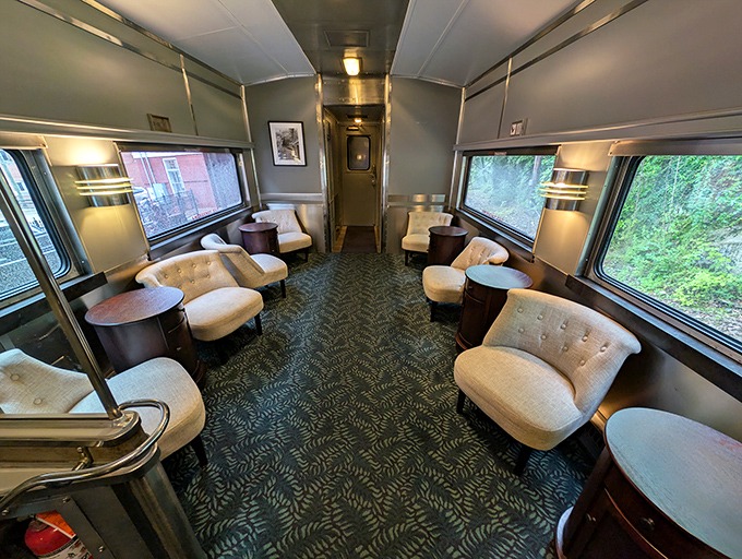 Plush armchairs arranged for maximum view-gazing and stranger-befriending—the railway's version of a living room, just with better scenery outside the windows.