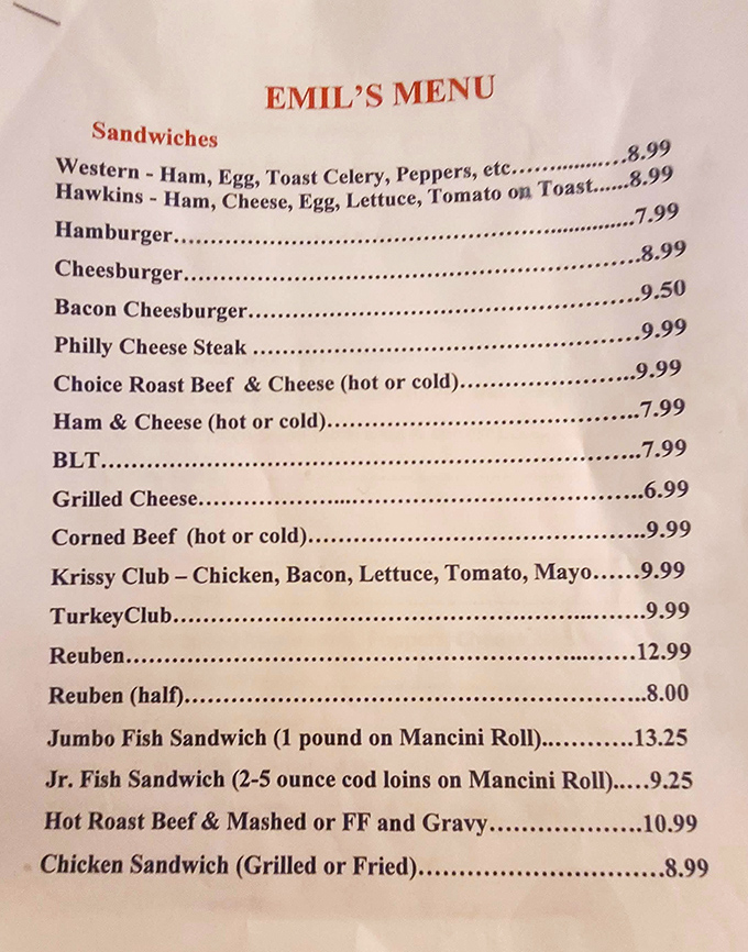 The menu at Emil's reads like a love letter to sandwich perfection. Notice the Reuben commands the highest price&mdash;a hint at its legendary status.