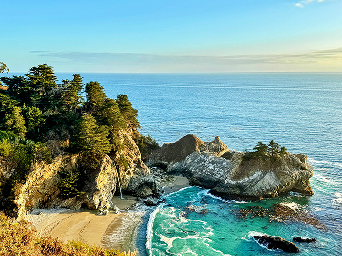Golden hour transforms McWay Falls into a scene straight out of a fantasy novel. The light catches the water just so, making you wonder if mermaids might appear.