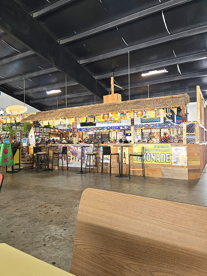 This tiki-themed refreshment stand brings tropical vibes to your shopping adventure, offering cold drinks to fuel your treasure hunt.