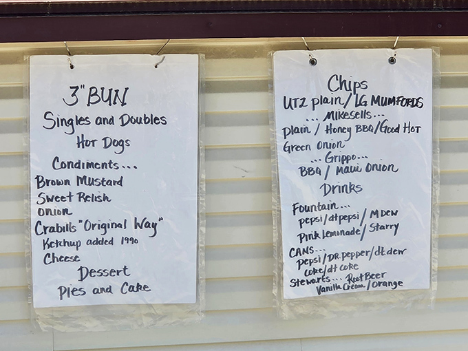 The handwritten menu board tells you everything you need to know: simplicity reigns supreme at Crabill's, where food speaks louder than fancy descriptions.