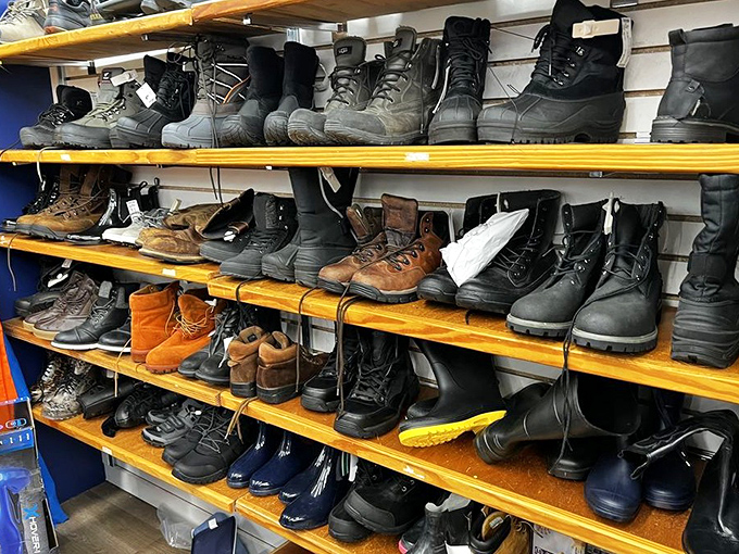 These boots were made for walking... right off the baggage carousel and onto these shelves. One traveler's loss becomes your new hiking companion.
