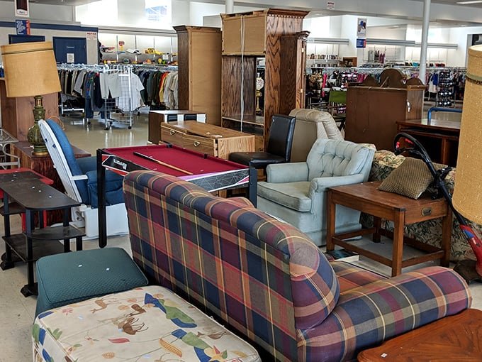 Where else can you find a plaid sofa, vintage end table, and pool table all sharing the same zip code? The furniture section is like a time-travel department store.