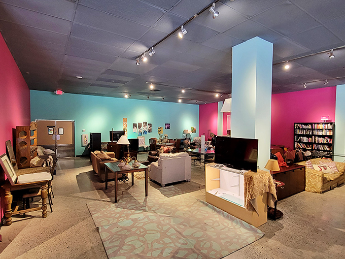 The furniture section transforms secondhand shopping into interior design adventures, with vibrant walls providing the perfect backdrop for pre-loved treasures.