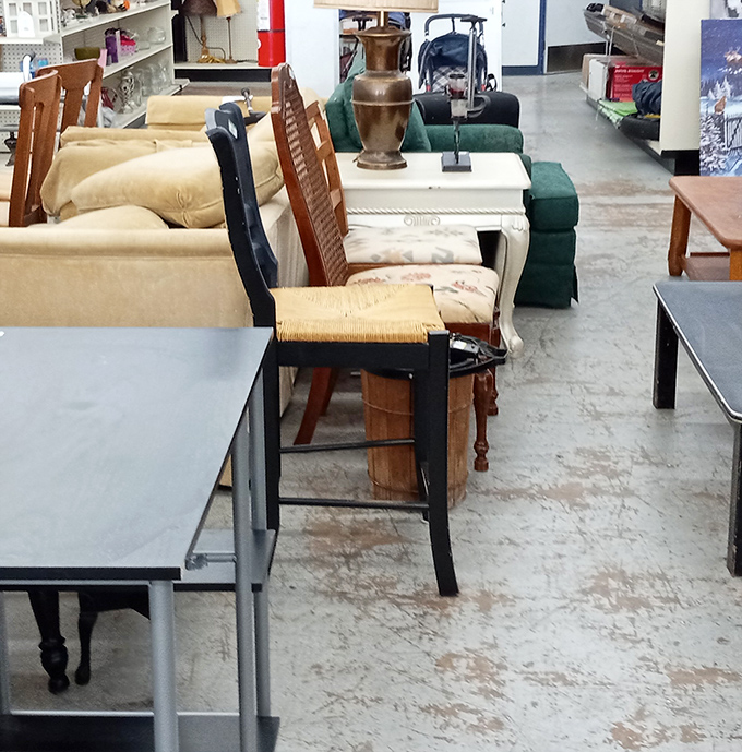 The furniture section: where mid-century meets last-century, and your living room's glow-up is just a $40 trunk-load away.