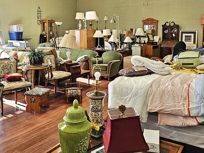 Furniture heaven awaits inside, where yesterday's living room sets become tomorrow's conversation pieces. That green jar alone is worth the trip!