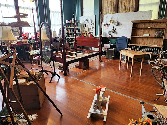 Furniture finds await in this classroom-turned-showroom, where vintage mirrors reflect possibilities and wooden treasures tell silent stories.