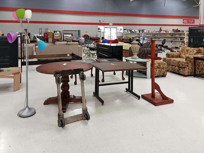 The furniture section resembles a time-traveling living room showroom, where mid-century modern meets Victorian charm meets "what were the '70s thinking?"