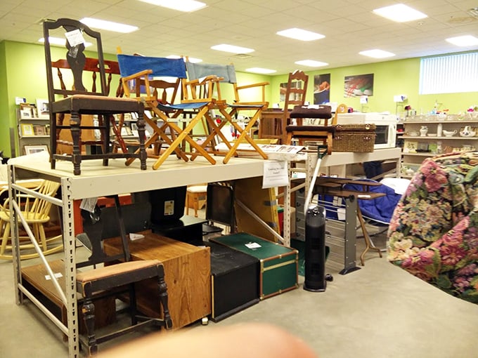 Furniture heaven awaits! Director's chairs mingle with wooden treasures in this eclectic collection of pre-loved home furnishings.