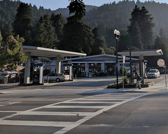 The town gas station &ndash; less "convenience store" and more "community hub." Where locals exchange news while their tanks fill beneath towering pines.