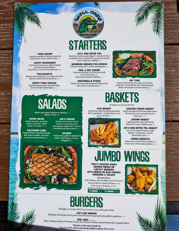 This menu isn't just a list—it's a treasure map where X marks the spot for gator tail, jumbo wings, and seafood that was swimming this morning.