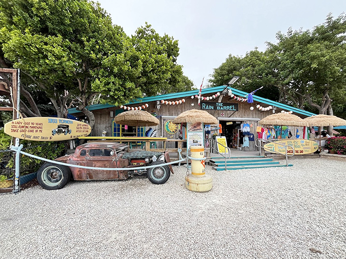 Where rusty vintage cars become art installations. This old hot rod has found its forever home among the palms and peculiarities of the Keys.