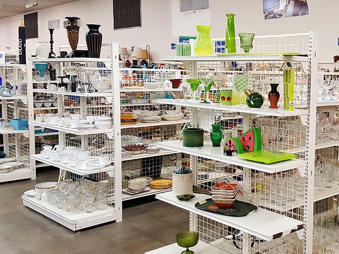Glassware paradise! Like archaeological layers of American dining history, each shelf reveals another decade's worth of entertaining essentials.