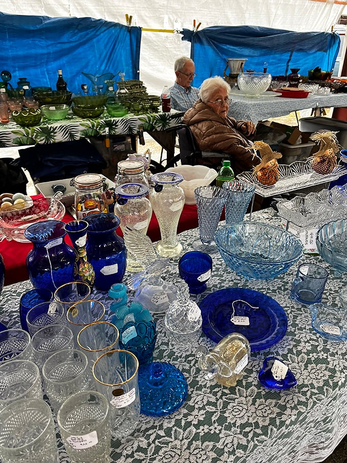 A sea of cobalt blue treasures awaits new homes. Grandmother's china cabinet never looked so good as when filled with these vintage beauties.