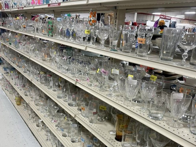 Crystal kingdom! This glassware aisle could stock a Downton Abbey dinner party with enough stemware left over for the after-party.