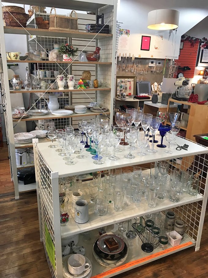 Raise a glass to secondhand savings! This crystal collection could stock a small restaurant, with colorful stemware catching light against exposed brick walls.