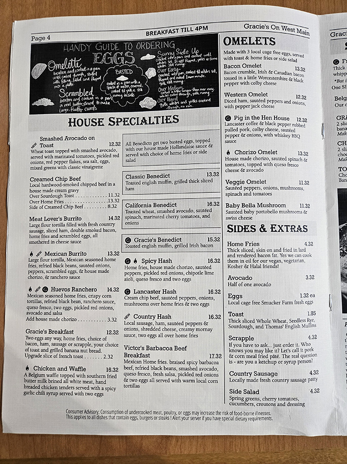 The menu at Gracie's reads like a love letter to breakfast enthusiasts, complete with a "Handy Guide to Ordering Eggs" for those who need a morning meal translator.