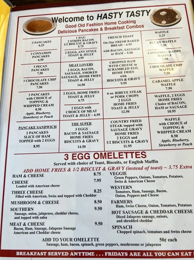 The menu reads like a love letter to breakfast classics – no molecular gastronomy here, just honest food that's been perfecting mornings for generations.