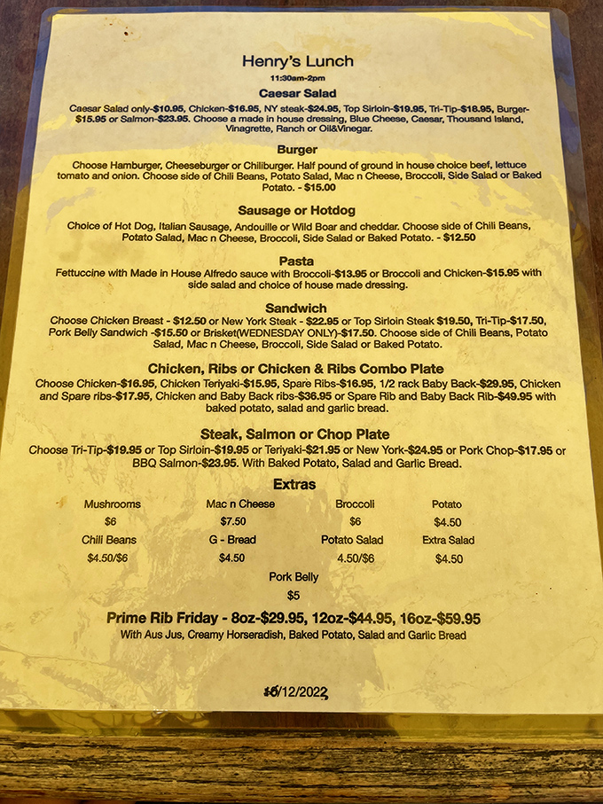 This well-worn menu tells the story of American comfort food classics, a delicious historical document that hasn't needed trendy updates to remain relevant.