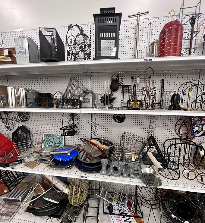 Wire baskets and metal d&eacute;cor create a hardware store poetry&mdash;each piece waiting for the right home to transform from thrift find to conversation starter.
