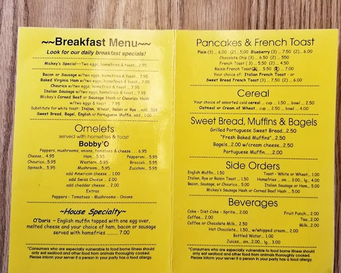 The sunny yellow breakfast menu reads like a greatest hits album of morning classics, with Rhode Island's Portuguese influence making special appearances.