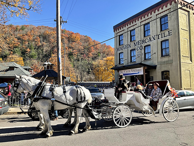 Nothing says "I'm embracing vacation mode" quite like a horse-drawn carriage ride past the historic Hooven Mercantile building.