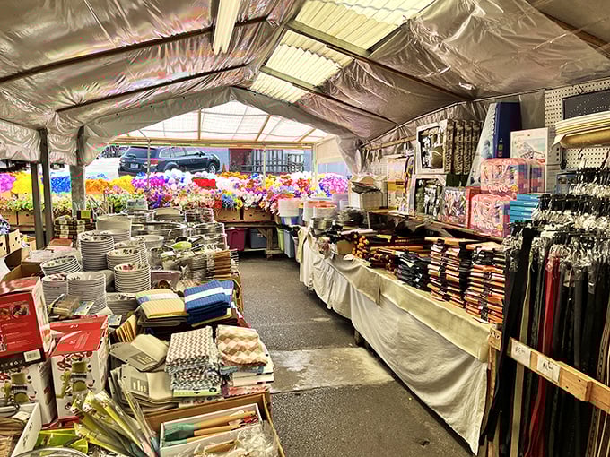 A tent of possibilities&mdash;where colorful artificial flowers bloom year-round next to practical kitchenware and linens for every occasion.