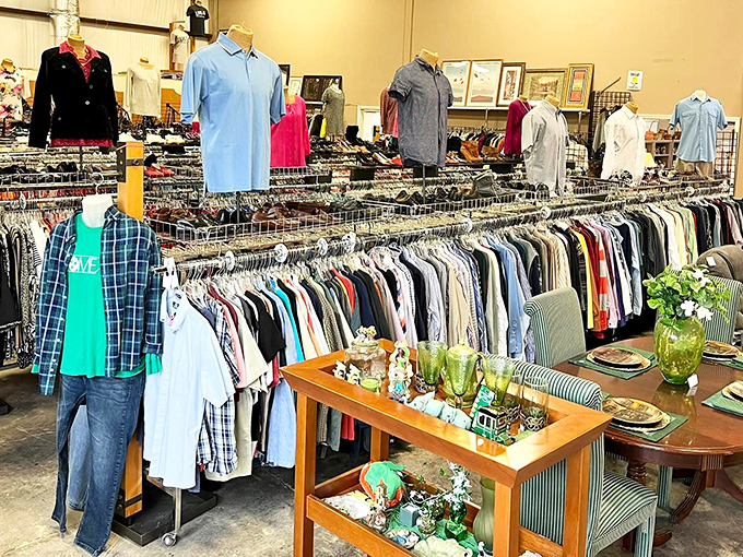 Clothing racks stretch toward the horizon like textile waves, each hanger potentially holding your next favorite outfit.